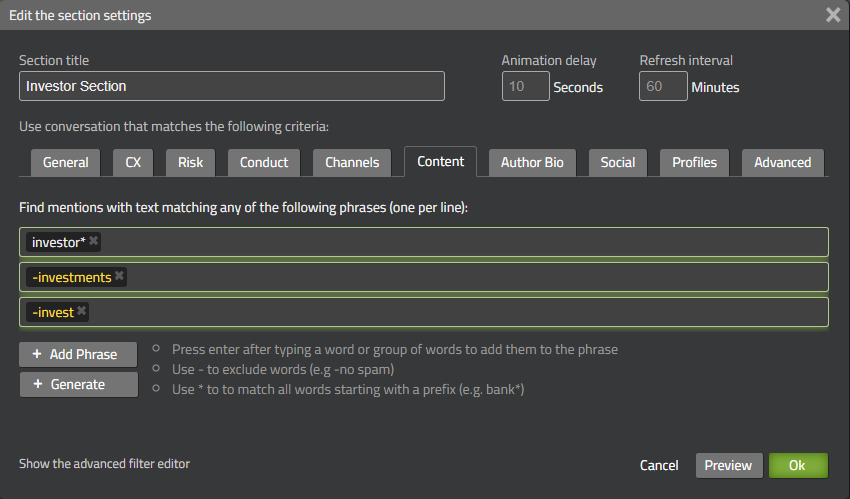 How do I use the content tab filter in Analyse?
